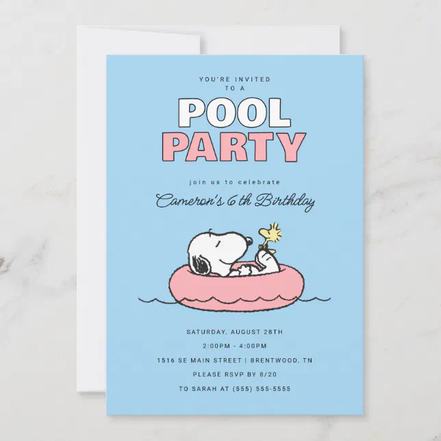 Peanuts -Snoopy - Pool Party Summer Birthday Invitation | Zazzle