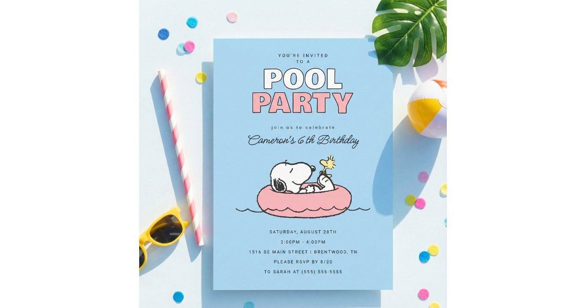 Peanuts -Snoopy - Pool Party Summer Birthday Invitation | Zazzle