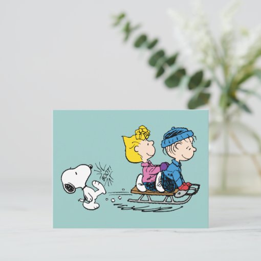 Peanuts | Snoopy, Sally & Linus Sled Riding Holiday Postcard | Zazzle