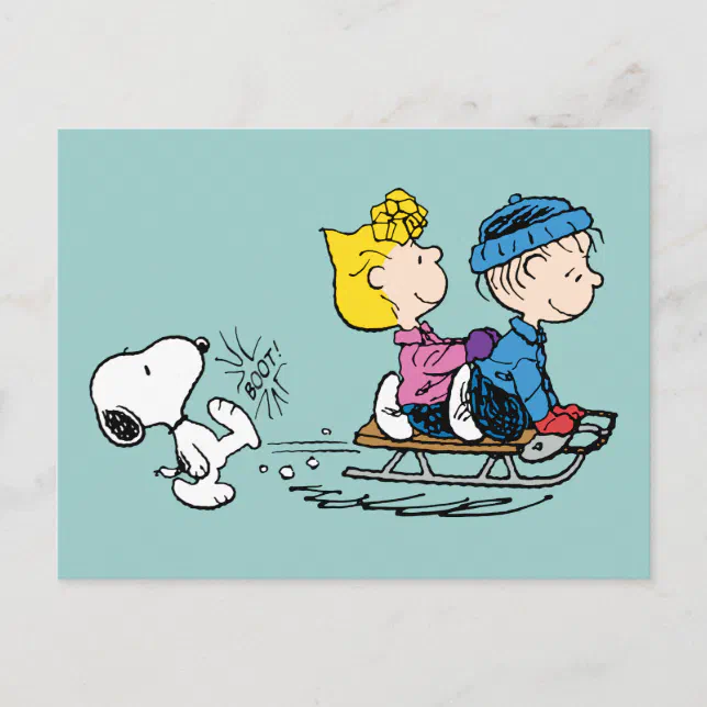 Peanuts | Snoopy, Sally & Linus Sled Riding Holiday Postcard | Zazzle