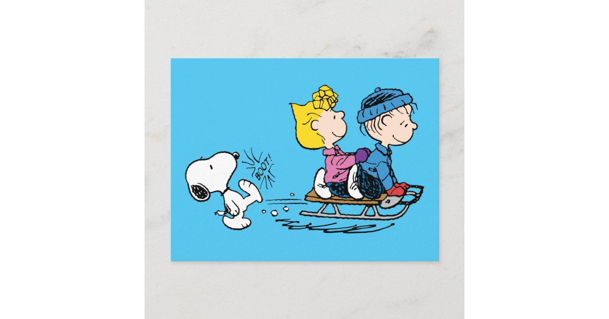 Peanuts | Snoopy, Sally & Linus Sled Riding Holiday Postcard | Zazzle