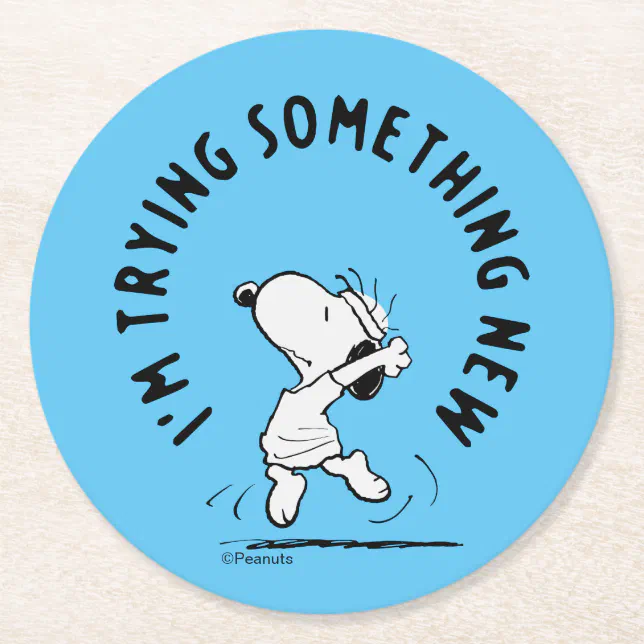 Peanuts | Snoopy Trying Something New Round Paper Coaster | Zazzle