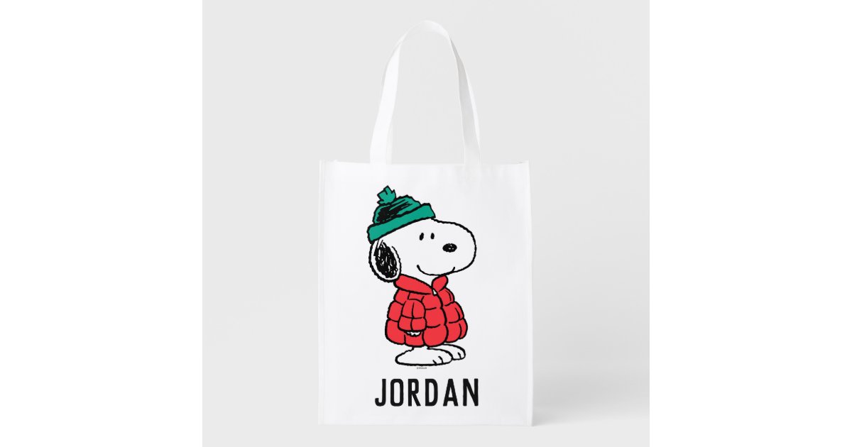 Peanuts | Snoopy Winter Coat & Hat | Add Your Name Grocery Bag | Zazzle