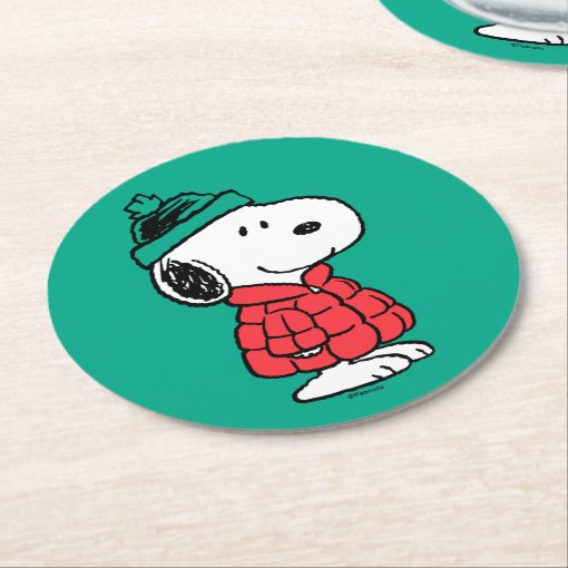 Peanuts | Snoopy Winter Coat & Hat Round Paper Coaster | Zazzle