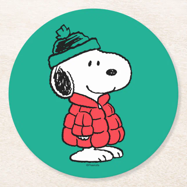 Peanuts | Snoopy Winter Coat & Hat Round Paper Coaster | Zazzle