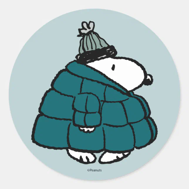 Peanuts | Snoopy Winter Puffer Jacket Classic Round Sticker | Zazzle