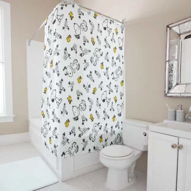 Peanuts | Snoopy & Woodstock B&W Flower Pattern Shower Curtain | Zazzle