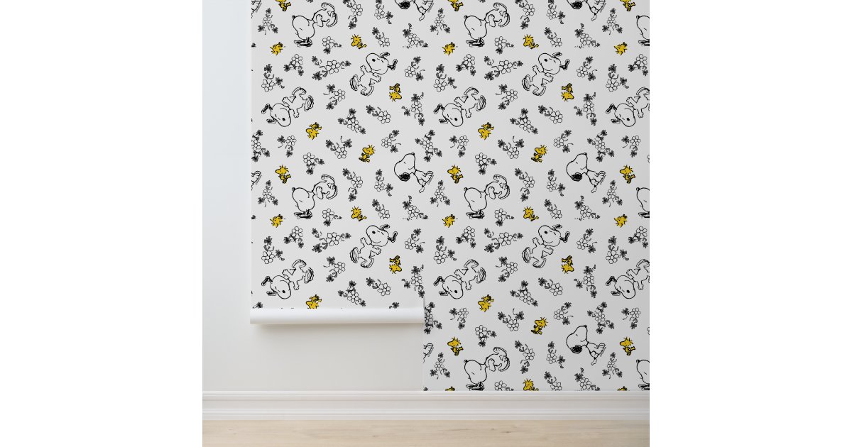 Peanuts | Snoopy & Woodstock B&W Flower Pattern Wallpaper | Zazzle
