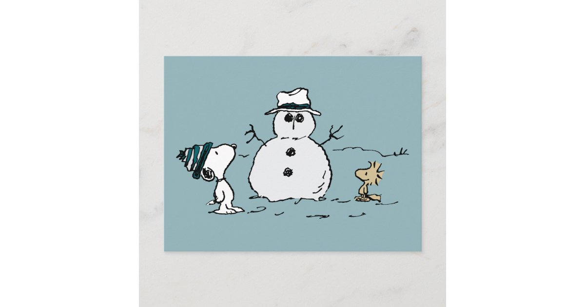 Peanuts | Snoopy & Woodstock Build A Snowman Postcard | Zazzle