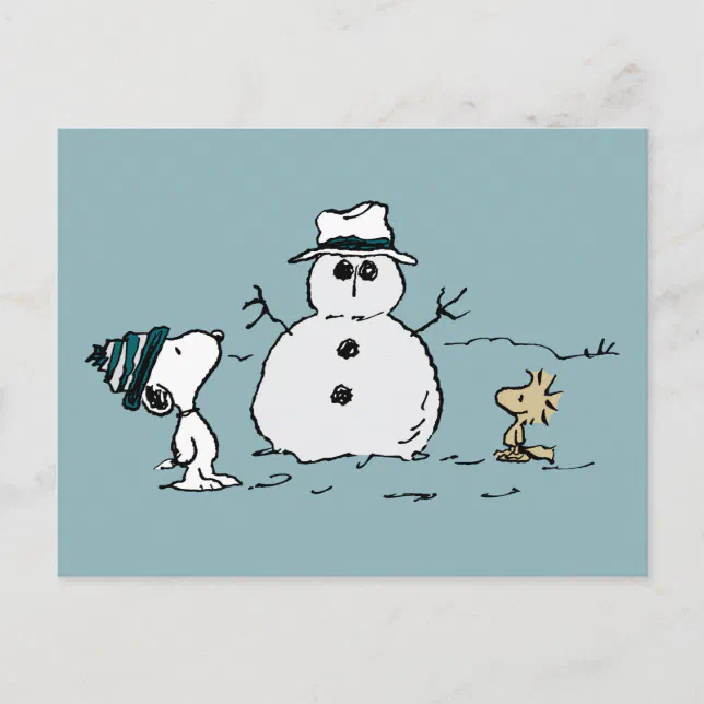 Peanuts | Snoopy & Woodstock Build A Snowman Postcard | Zazzle