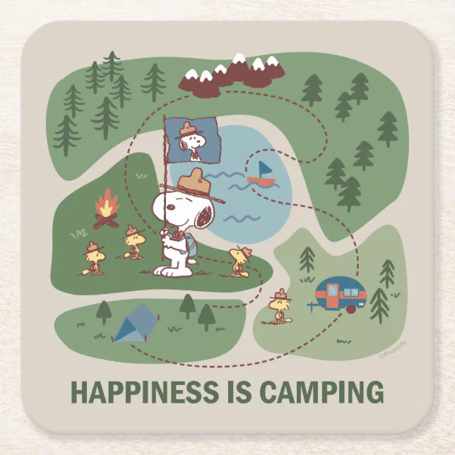 Peanuts | Snoopy & Woodstock Camp Map Square Paper Coaster | Zazzle