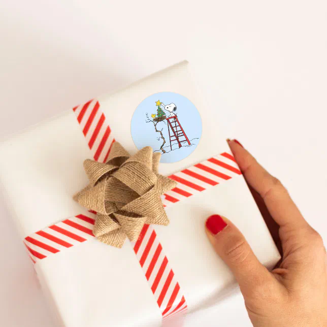 Peanuts | Snoopy & Woodstock Christmas Tree Classic Round Sticker | Zazzle