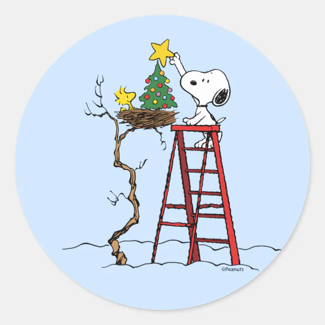Peanuts | Snoopy & Woodstock Christmas Tree Classic Round Sticker | Zazzle