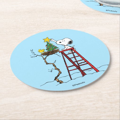 Peanuts | Snoopy & Woodstock Christmas Tree Round Paper Coaster | Zazzle
