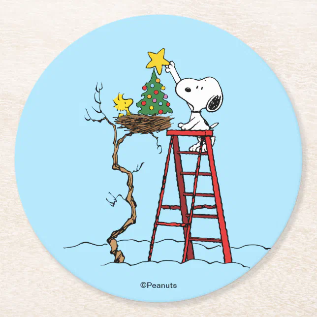 Peanuts | Snoopy & Woodstock Christmas Tree Round Paper Coaster | Zazzle