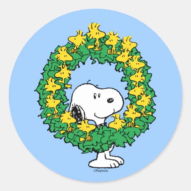 Peanuts | Snoopy & Woodstock Christmas Wreath Classic Round Sticker ...