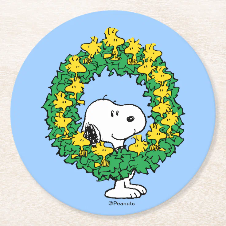 Peanuts | Snoopy & Woodstock Christmas Wreath Round Paper Coaster | Zazzle