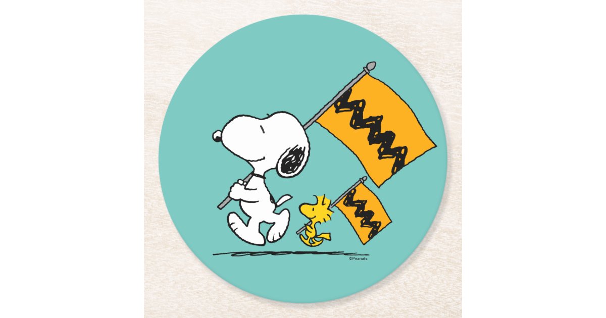 Peanuts | Snoopy & Woodstock Flags Round Paper Coaster | Zazzle