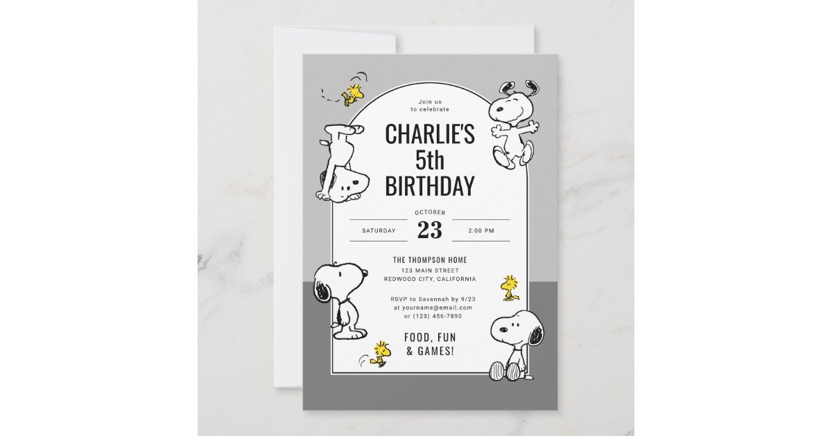 Peanuts Snoopy & Woodstock Grey Birthday Invitation | Zazzle