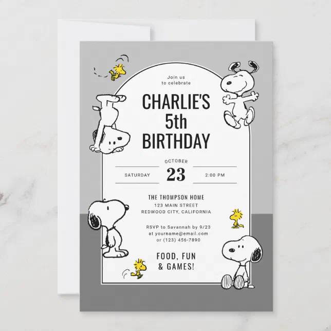 Peanuts Snoopy & Woodstock Grey Birthday Invitation | Zazzle