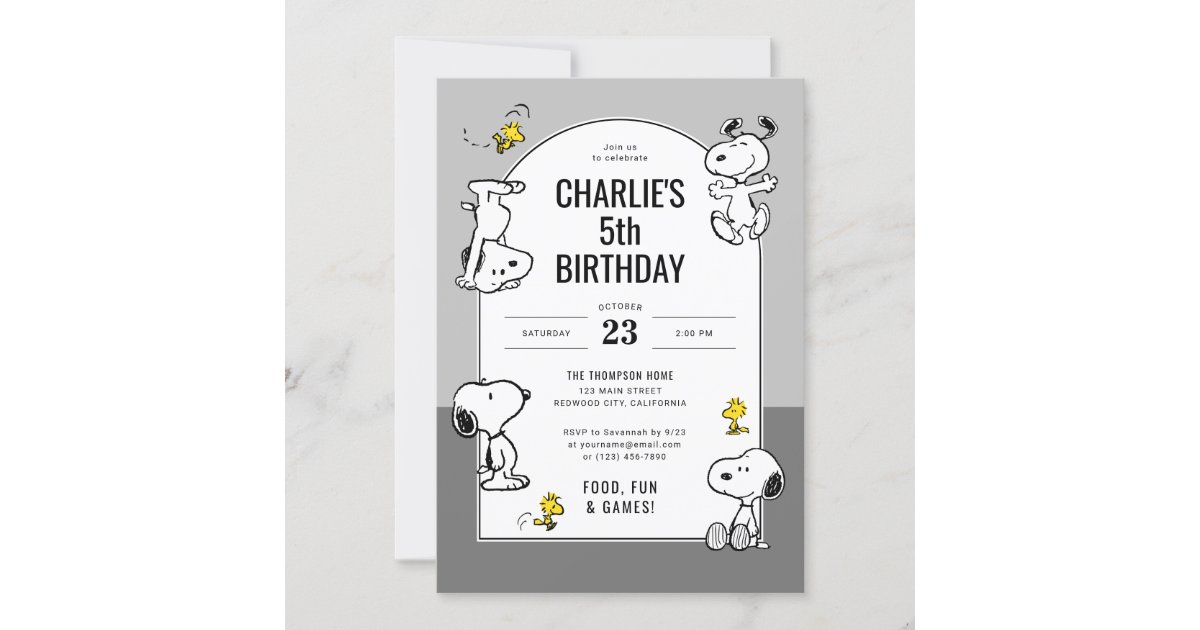 Peanuts Snoopy & Woodstock Grey Birthday Invitation | Zazzle