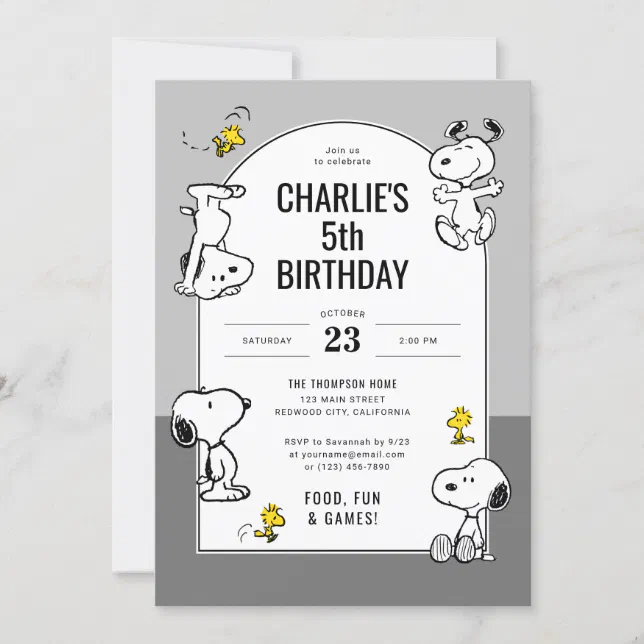 Peanuts Snoopy & Woodstock Grey Birthday Invitation | Zazzle