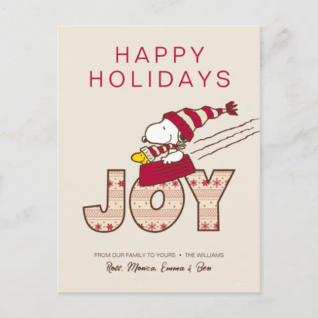 Peanuts | Snoopy & Woodstock Joy Sled Ride Holiday Postcard | Zazzle