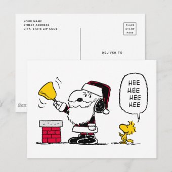 Peanuts | Snoopy & Woodstock Santa Bell Ringer Postcard | Zazzle