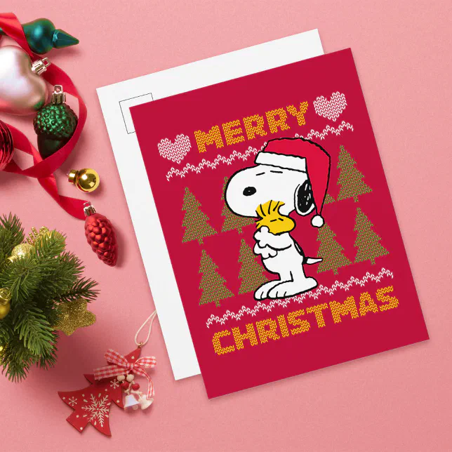 Peanuts | Snoopy & Woodstock Santa Claus Hug Postcard | Zazzle