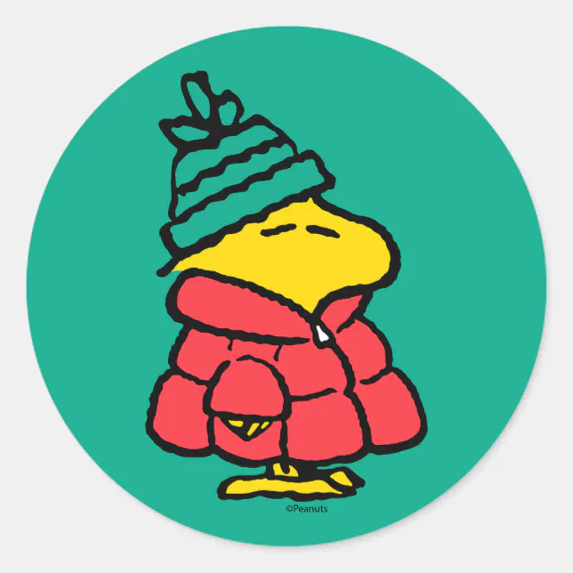 Peanuts | Woodstock Puffy Winter Jacket Classic Round Sticker | Zazzle