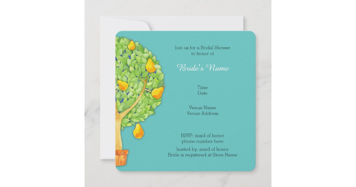 Pear Tree teal Square Bridal Shower Invitation | Zazzle