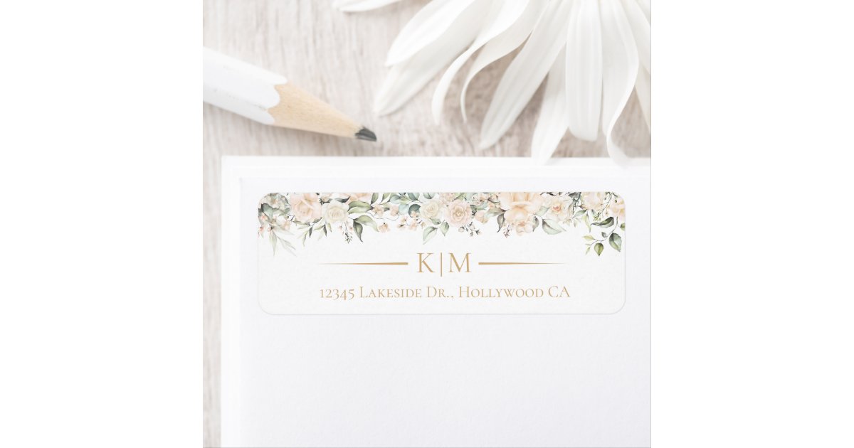 Pearl Blush Floral Wedding Border Initials ID989 Label | Zazzle