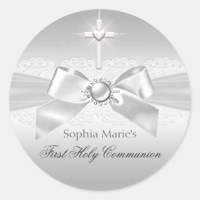 Pearl Bow & Cross First Holy Communion Sticker | Zazzle