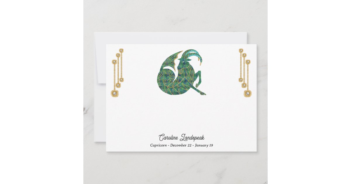 Pearl & Gold Jewels Capricorn Zodiac Sign Note Card | Zazzle