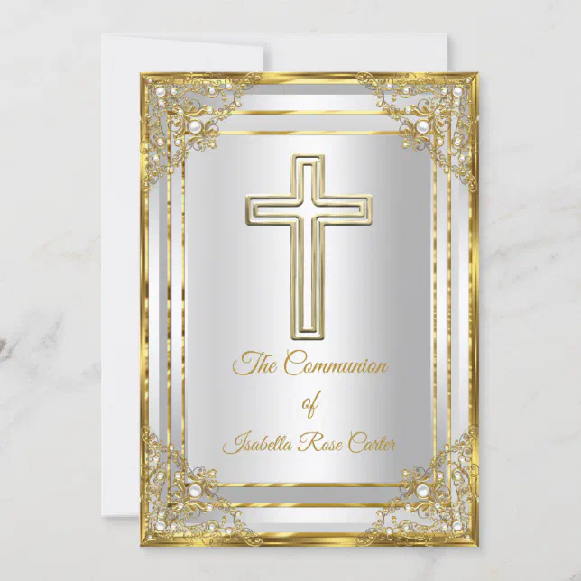 Pearl Gold White Cross Holy communion Invitation | Zazzle