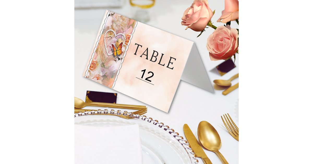 Pearl Heart Orange Floral Butterfly Table Numbers | Zazzle