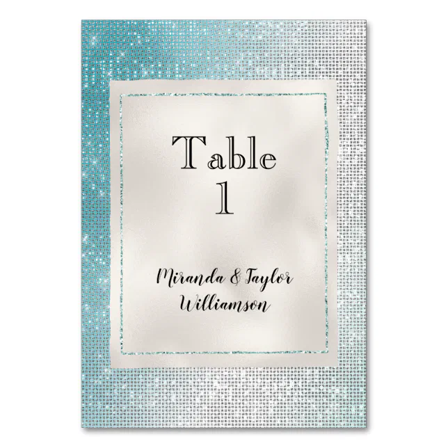 Pearl White Glam Glitzy Aqua Sparkle Table Number | Zazzle