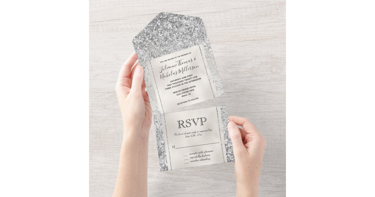 Pearl White Luxe Silver Glitter All In One Invitation | Zazzle