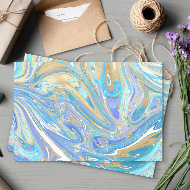 Pearlescent Aqua & Gold Liquid Marble Tissue Paper | Zazzle