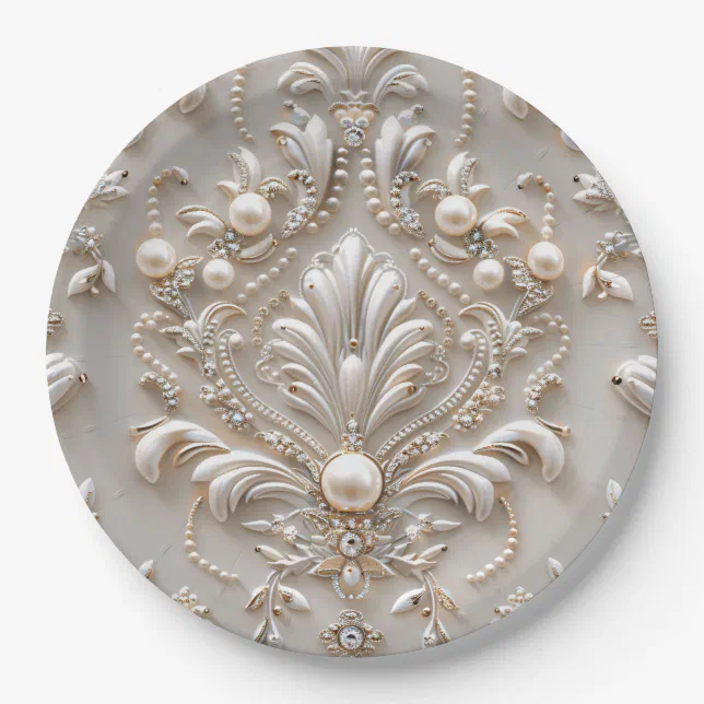 Pearls Crystals French Damask Embroidery Decoupage Paper Plates | Zazzle