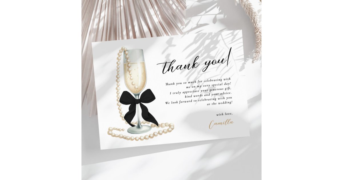 Pearls & Prosecco Black Bridal Shower Thank You Card | Zazzle
