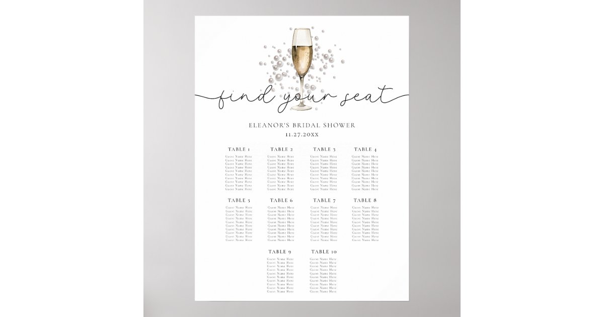Pearls & Prosecco Bridal Shower Seating Chart Sign | Zazzle