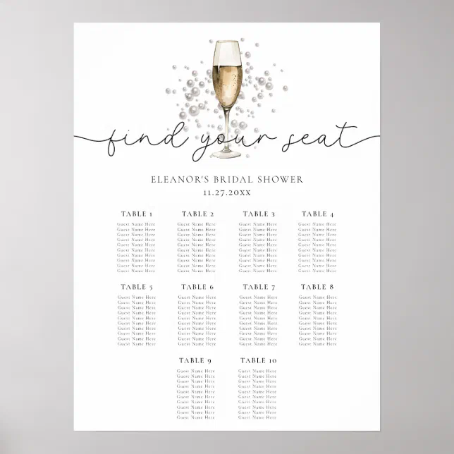 Pearls & Prosecco Bridal Shower Seating Chart Sign | Zazzle