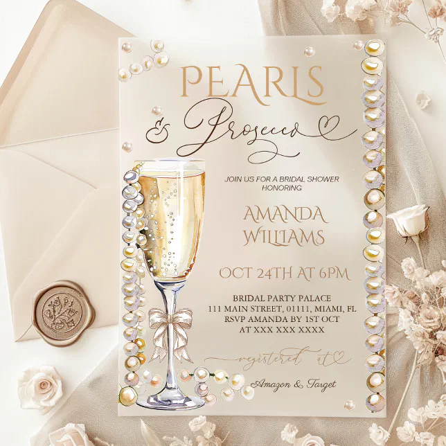 Pearls & Prosecco Champagne Elegant Bridal Shower Acrylic Invitations ...