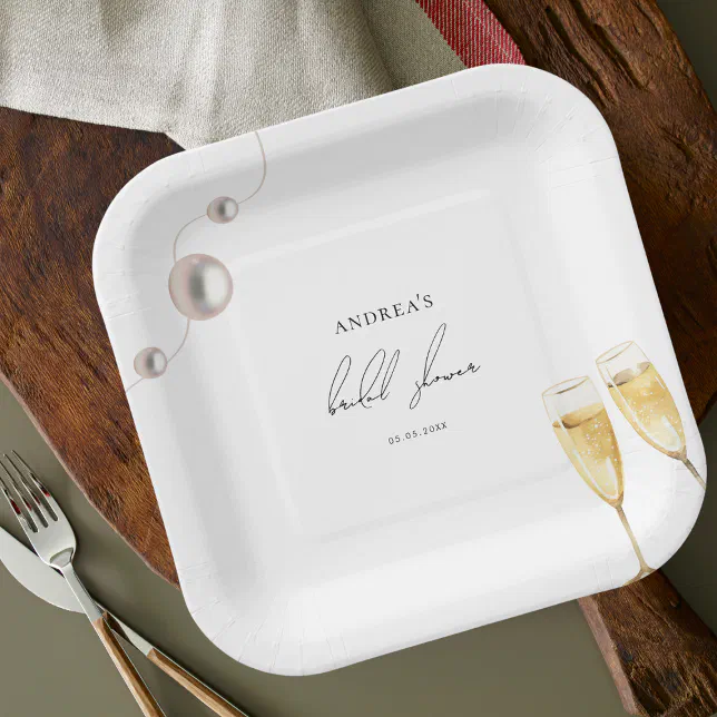 Pearls & Prosecco Champagne Theme Bridal Shower Paper Plates | Zazzle