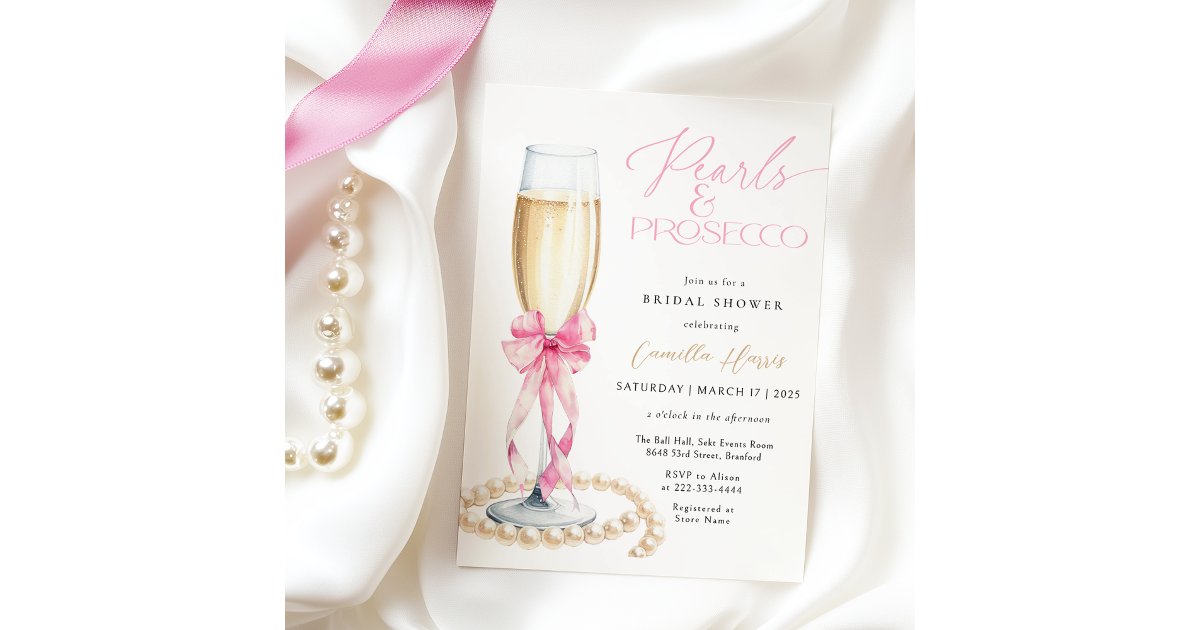 Pearls & Prosecco Pink Bow Bridal Shower Invitation | Zazzle