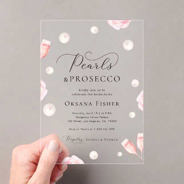 Pearls & Prosecco Pink Transparent Bridal Shower Acrylic Invitations ...