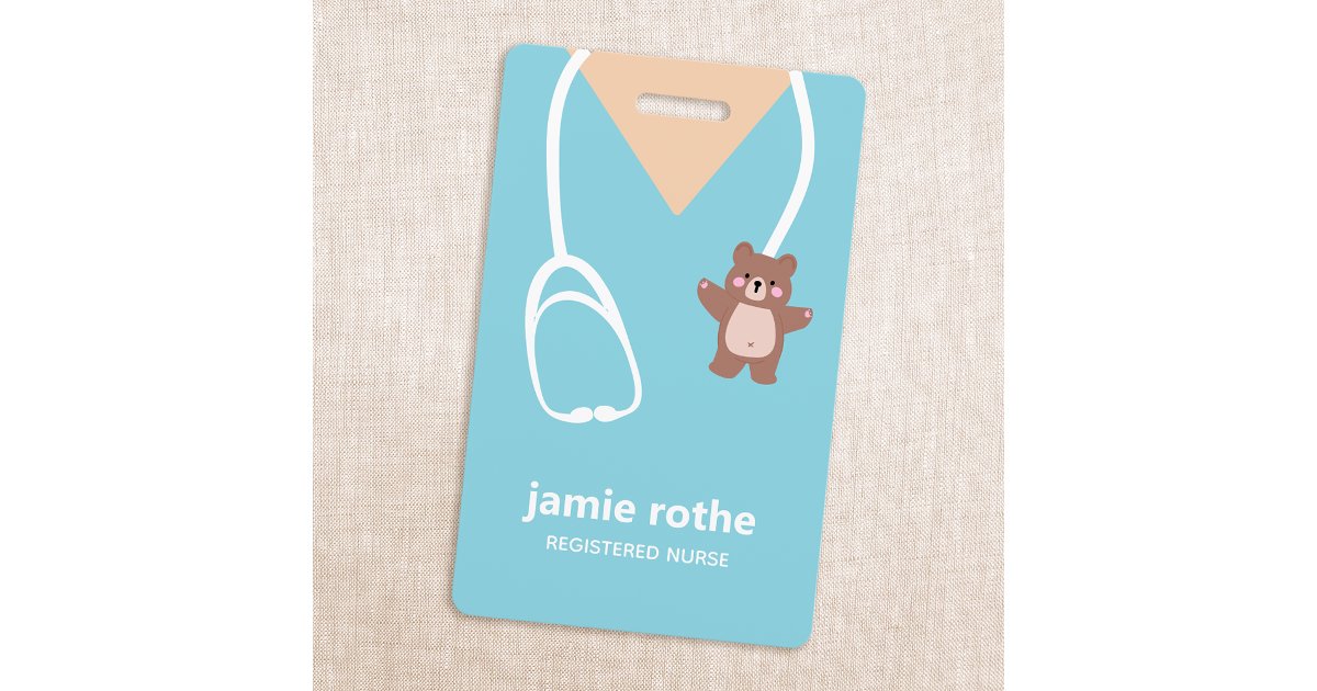 Pediatric Nurse Blue Teddy Bear Scrubs Badge | Zazzle