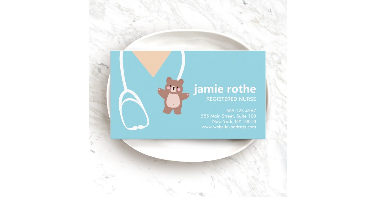 Pediatric Nurse Blue Teddy Bear Scrubs Business Card | Zazzle