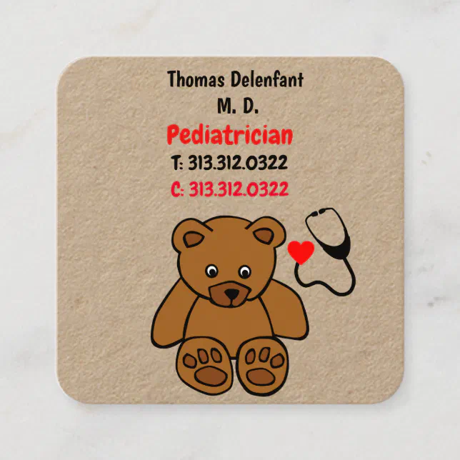 Pediatrician - teddy and heart stethoscope square business card | Zazzle
